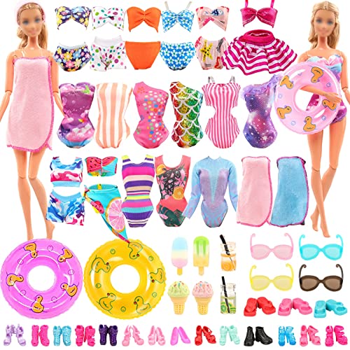 Lot 26 Pack Doll Clothes and Accessories Beach Bathing Set Including 5 Swimsuit 1 Bathrobe 2 Swimming Rings with 18 pcs Glasses Shoes Drinks for 11.5 inch Girl Dolls