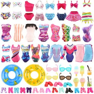 Lot 26 Pack Doll Clothes and Accessories Beach Bathing Set Including 5 Swimsuit 1 Bathrobe 2 Swimming Rings with 18 pcs Glasses Shoes Drinks for 11.5 inch Girl Dolls