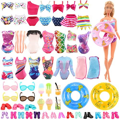 Lot 26 Pack Doll Clothes and Accessories Beach Bathing Set Including 5 Swimsuit 1 Bathrobe 2 Swimming Rings with 18 pcs Glasses Shoes Drinks for 11.5 inch Girl Dolls