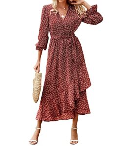 btfbm women long sleeve wrap maxi dress v neck boho floral high waist flowy ruffle 2023 summer fall dresses with belt(floral wine red white, xx-large)