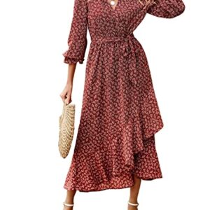 BTFBM Women Long Sleeve Wrap Maxi Dress V Neck Boho Floral High Waist Flowy Ruffle 2023 Summer Fall Dresses with Belt(Floral Wine Red White, XX-Large)