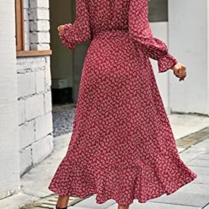 BTFBM Women Long Sleeve Wrap Maxi Dress V Neck Boho Floral High Waist Flowy Ruffle 2023 Summer Fall Dresses with Belt(Floral Wine Red White, XX-Large)