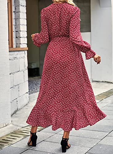 BTFBM Women Long Sleeve Wrap Maxi Dress V Neck Boho Floral High Waist Flowy Ruffle 2023 Summer Fall Dresses with Belt(Floral Wine Red White, XX-Large)