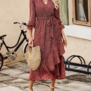 BTFBM Women Long Sleeve Wrap Maxi Dress V Neck Boho Floral High Waist Flowy Ruffle 2023 Summer Fall Dresses with Belt(Floral Wine Red White, XX-Large)