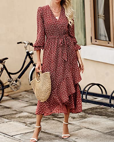 BTFBM Women Long Sleeve Wrap Maxi Dress V Neck Boho Floral High Waist Flowy Ruffle 2023 Summer Fall Dresses with Belt(Floral Wine Red White, XX-Large)