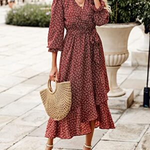 BTFBM Women Long Sleeve Wrap Maxi Dress V Neck Boho Floral High Waist Flowy Ruffle 2023 Summer Fall Dresses with Belt(Floral Wine Red White, XX-Large)