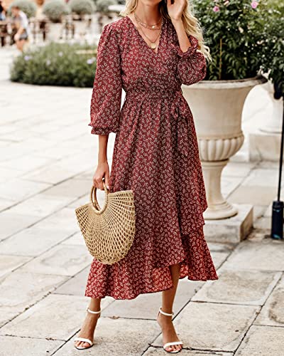 BTFBM Women Long Sleeve Wrap Maxi Dress V Neck Boho Floral High Waist Flowy Ruffle 2023 Summer Fall Dresses with Belt(Floral Wine Red White, XX-Large)