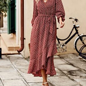 BTFBM Women Long Sleeve Wrap Maxi Dress V Neck Boho Floral High Waist Flowy Ruffle 2023 Summer Fall Dresses with Belt(Floral Wine Red White, XX-Large)