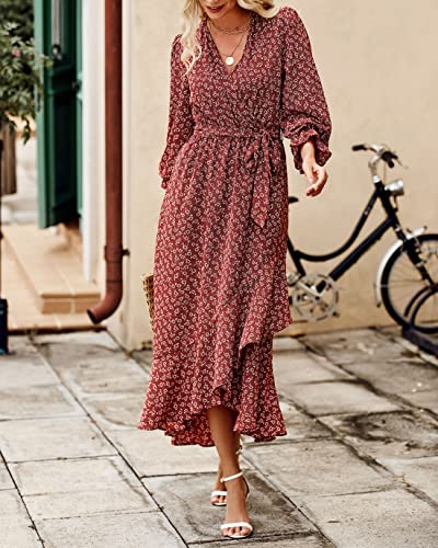 BTFBM Women Long Sleeve Wrap Maxi Dress V Neck Boho Floral High Waist Flowy Ruffle 2023 Summer Fall Dresses with Belt(Floral Wine Red White, XX-Large)