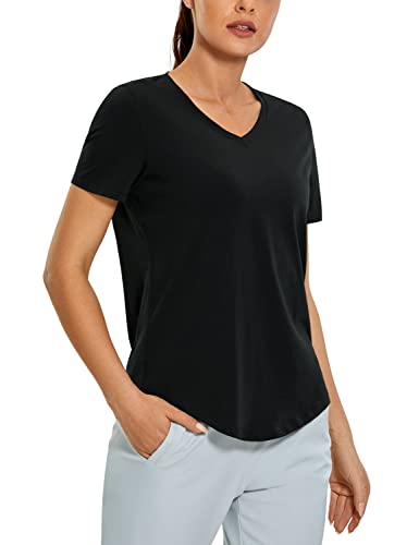 CRZ YOGA Womens Pima Cotton Short Sleeve Shirts V Neck T-Shirts Casual Workout Tops Gym Clothes Black X-Large