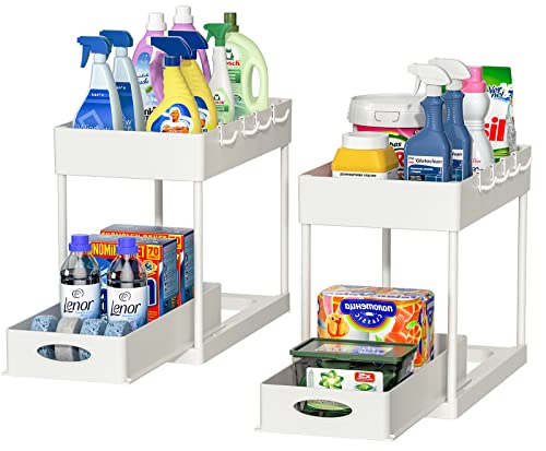 Appolab 2 Pack Under Sink Organizer, Sliding Cabinet Basket Organizer Drawers, Under Sink Organizers and Storage Bathroom Kitchen Cabinet Organizer with Hooks The Bottom Drawers Can Be Slid Out, White