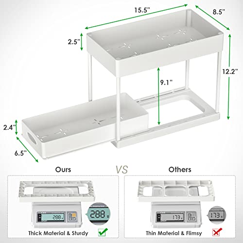 Appolab 2 Pack Under Sink Organizer, Sliding Cabinet Basket Organizer Drawers, Under Sink Organizers and Storage Bathroom Kitchen Cabinet Organizer with Hooks The Bottom Drawers Can Be Slid Out, White