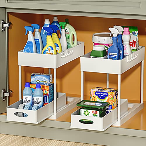 Appolab 2 Pack Under Sink Organizer, Sliding Cabinet Basket Organizer Drawers, Under Sink Organizers and Storage Bathroom Kitchen Cabinet Organizer with Hooks The Bottom Drawers Can Be Slid Out, White