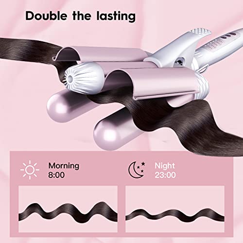 3 Jumbo Barrel Curling Iron Waver Curling Wand-1.25 Inch Ceramic Tourmaline Triple Barrels Dual Voltage Temperature Adjustable Big Waves Hair Crimper