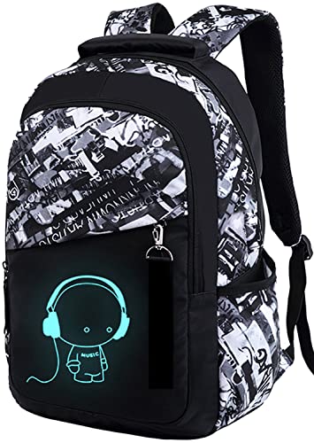 Lmeison Anime Cartoon Luminous Backpacks, Cool Bookbag for Boys Waterproof School Bag with USB Charging Port for Middle High School Unisex 15.6in Laptop Backpack for Student, Trend Graffiti Grey