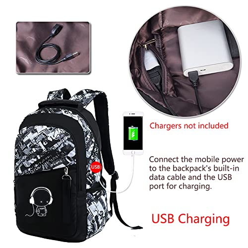 Lmeison Anime Cartoon Luminous Backpacks, Cool Bookbag for Boys Waterproof School Bag with USB Charging Port for Middle High School Unisex 15.6in Laptop Backpack for Student, Trend Graffiti Grey