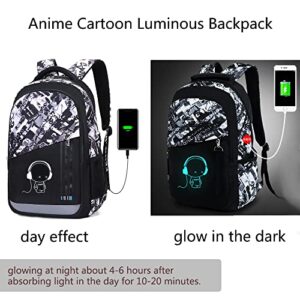 Lmeison Anime Cartoon Luminous Backpacks, Cool Bookbag for Boys Waterproof School Bag with USB Charging Port for Middle High School Unisex 15.6in Laptop Backpack for Student, Trend Graffiti Grey