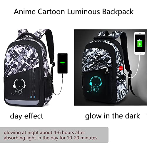 Lmeison Anime Cartoon Luminous Backpacks, Cool Bookbag for Boys Waterproof School Bag with USB Charging Port for Middle High School Unisex 15.6in Laptop Backpack for Student, Trend Graffiti Grey