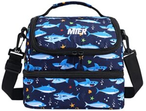 mier 2 compartment kids small lunch box bag for boys girls toddlers, double deck leakproof lunchbox cooler insulated lunch tote with shoulder strap (blue-shark)