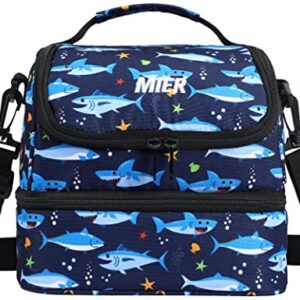 MIER 2 Compartment Kids Small Lunch Box Bag for Boys Girls Toddlers, Double Deck Leakproof Lunchbox Cooler Insulated Lunch Tote with Shoulder Strap (Blue-Shark)