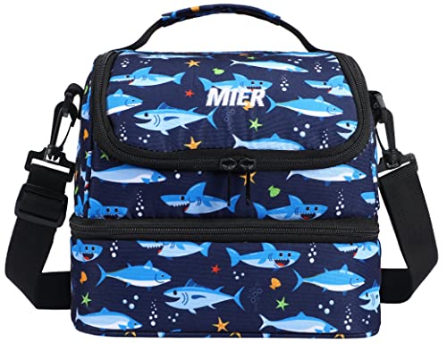 MIER 2 Compartment Kids Small Lunch Box Bag for Boys Girls Toddlers, Double Deck Leakproof Lunchbox Cooler Insulated Lunch Tote with Shoulder Strap (Blue-Shark)