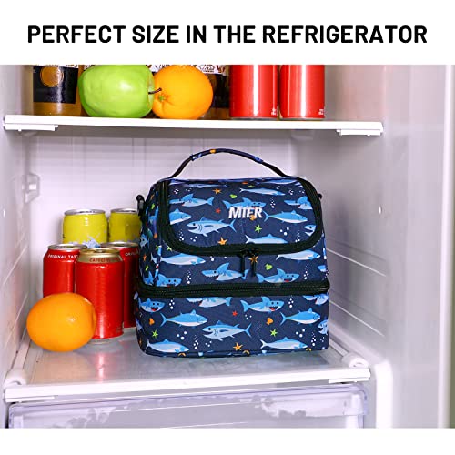 MIER 2 Compartment Kids Small Lunch Box Bag for Boys Girls Toddlers, Double Deck Leakproof Lunchbox Cooler Insulated Lunch Tote with Shoulder Strap (Blue-Shark)