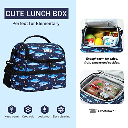 MIER 2 Compartment Kids Small Lunch Box Bag for Boys Girls Toddlers, Double Deck Leakproof Lunchbox Cooler Insulated Lunch Tote with Shoulder Strap (Blue-Shark)