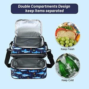 MIER 2 Compartment Kids Small Lunch Box Bag for Boys Girls Toddlers, Double Deck Leakproof Lunchbox Cooler Insulated Lunch Tote with Shoulder Strap (Blue-Shark)