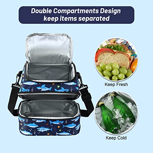 MIER 2 Compartment Kids Small Lunch Box Bag for Boys Girls Toddlers, Double Deck Leakproof Lunchbox Cooler Insulated Lunch Tote with Shoulder Strap (Blue-Shark)