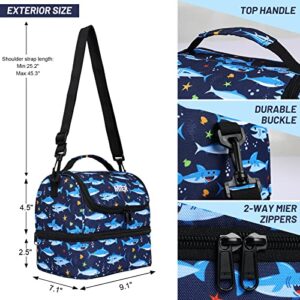 MIER 2 Compartment Kids Small Lunch Box Bag for Boys Girls Toddlers, Double Deck Leakproof Lunchbox Cooler Insulated Lunch Tote with Shoulder Strap (Blue-Shark)