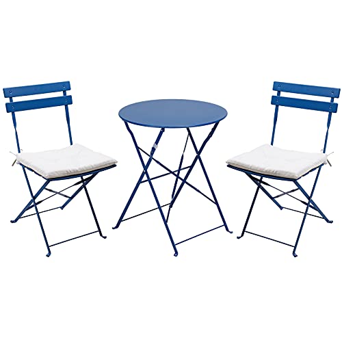 Grand patio 3-Piece Bistro Set Folding Outdoor Furniture Sets with Premium Steel Frame Portable Design for Bistro & Balcony (Peacock Blue with Cushion)