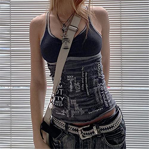 Women 90s Aesthetic Vintage Crop Cami Top Sleeveless Graphic Print Fairy Grunge Tank Vest Top E-Girl Streetwear (S, 11-Vintage)