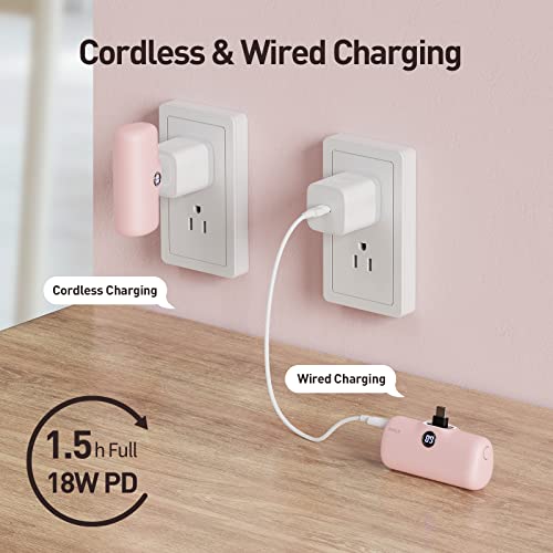 iWALK Portable Charger, PD USB C Power Bank [2023 Upgrade] Small Fast Charging Docking Battery with LED Display Compatible with Samsung Galaxy Z Flip5/4,S23,S22,S20,Android Phones,Pink