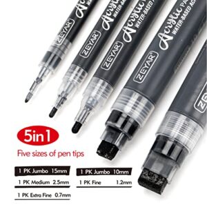 ZEYAR Acrylic Paint Marker Pens, 5 Different Point: Extra Jumbo Felt(15mm),Jumbo Felt(10mm), Medium Bullet(2-3mm), Fine(1mm), Extra Fine(0.7mm) (5 Black)