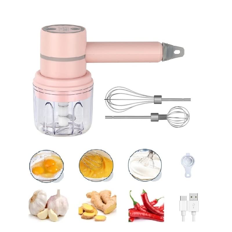 2In1 Hand Blender Garlic Chopper Egg Beater Portable Milk Blender Chili Ginger Crusher Food Cutting Kitchen Tool (Pink)