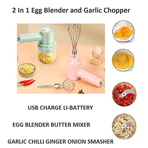 2In1 Hand Blender Garlic Chopper Egg Beater Portable Milk Blender Chili Ginger Crusher Food Cutting Kitchen Tool (Pink)