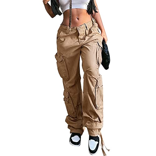 Viatabuna Women's High Rise Straight Leg Y2K Streetwear Cargo Pants Baggy Boyfriend Pants with Pocket