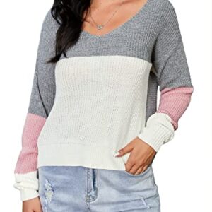 ZAFUL Women's Fashion Colorblock Sweater Knot Back V Neck Sexy Knit Pullover Long Sleeve Top (0-Multi, M)