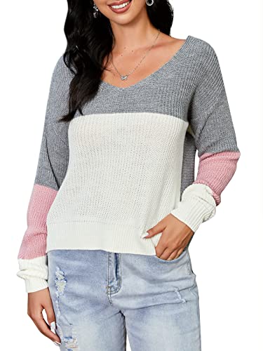 ZAFUL Women's Fashion Colorblock Sweater Knot Back V Neck Sexy Knit Pullover Long Sleeve Top (0-Multi, M)