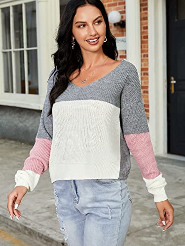 ZAFUL Women's Fashion Colorblock Sweater Knot Back V Neck Sexy Knit Pullover Long Sleeve Top (0-Multi, M)