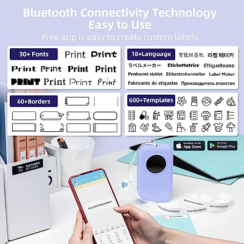 Memoqueen D30 Label Maker Thermal Mini Label Printer-Bluetooth Portable Label Maker Machine with Tape,Labeler Compatible with Phomemo D30 iOS&Android, Easy to Use for Home Office Organization,Purple