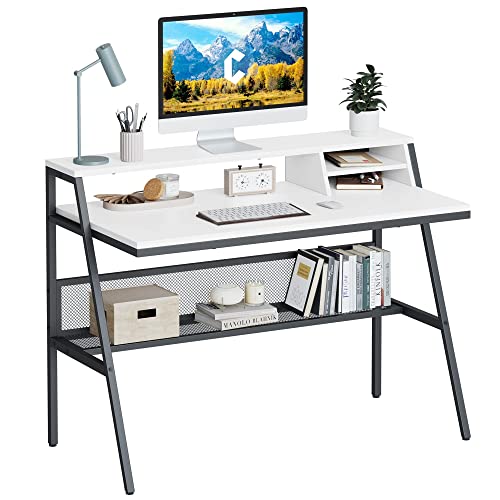 CubiCubi Computer Desk with 2 Storage Drawers, Home Office Writing Desk, Study Table for Small Space, (White, Storage Shelves)