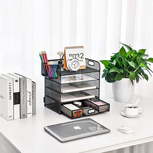 Lavatino 5 Tray Desk Organizer with Drawer, Mesh Paper Letter Tray Organizer with Handle and 2 Pen Holder, Desktop File Organizer and Storage for Letter/A4 Office File Folder