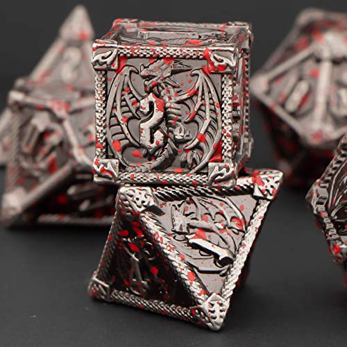 KERWELLSI Dungeons and Dragons Dice, Metal DND Dice Set, Blood D&D Dice Set with Box, 7 Piece Polyhedral Dice Set for Role Playing, RPG D and D dice D20 D12 D10 D8 D6 D4