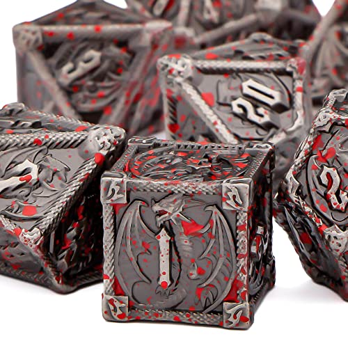 KERWELLSI Dungeons and Dragons Dice, Metal DND Dice Set, Blood D&D Dice Set with Box, 7 Piece Polyhedral Dice Set for Role Playing, RPG D and D dice D20 D12 D10 D8 D6 D4