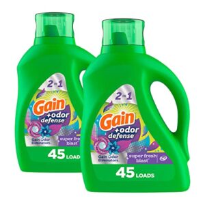 gain + odor defense laundry detergent liquid soap, 2-pack, super fresh blast scent, 65 fl oz each