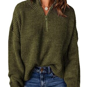 EVALESS Sweaters for Women Waffle Knit Long Sleeve Quarter Zip Pullover for Women Business Casual Fall Fashion Tops Winter Trendy Aestheic Teathcer Clothes V Neck Oversized Green Sweater,Samll Size