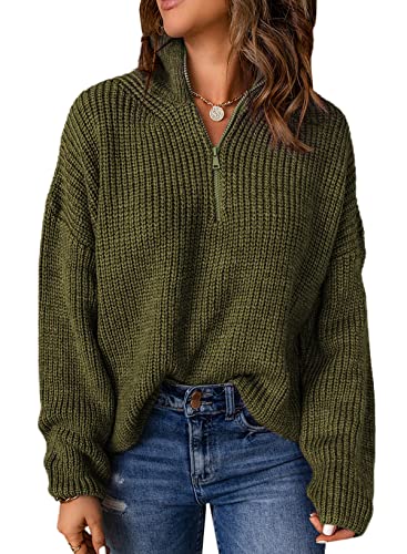 EVALESS Sweaters for Women Waffle Knit Long Sleeve Quarter Zip Pullover for Women Business Casual Fall Fashion Tops Winter Trendy Aestheic Teathcer Clothes V Neck Oversized Green Sweater,Samll Size