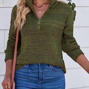 EVALESS Sweaters for Women Waffle Knit Long Sleeve Quarter Zip Pullover for Women Business Casual Fall Fashion Tops Winter Trendy Aestheic Teathcer Clothes V Neck Oversized Green Sweater,Samll Size