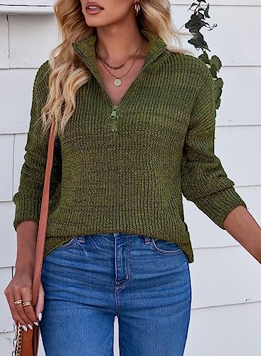 EVALESS Sweaters for Women Waffle Knit Long Sleeve Quarter Zip Pullover for Women Business Casual Fall Fashion Tops Winter Trendy Aestheic Teathcer Clothes V Neck Oversized Green Sweater,Samll Size